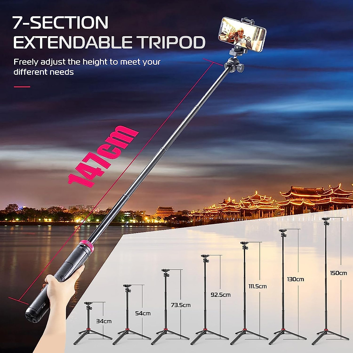 ULANZI MT-44 Extendable Phone Tripod, 59" Selfie Stick Phone Vlog Tripod Stand with 2 in 1 Phone Clip, 360° Ball Head Camera Tripod for iPhone Sony Canon Action Camera, Lightweight for Travel