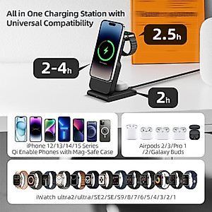 DDUAN 3 in 1 Wireless Charging Station, Foldable Fast Charger Stand with 5000mAh Mag-Safe Portable Battery Bank for iPhone 15/14/13/12, for All Apple Watch, for AirPods 2/3/Pro (Black)