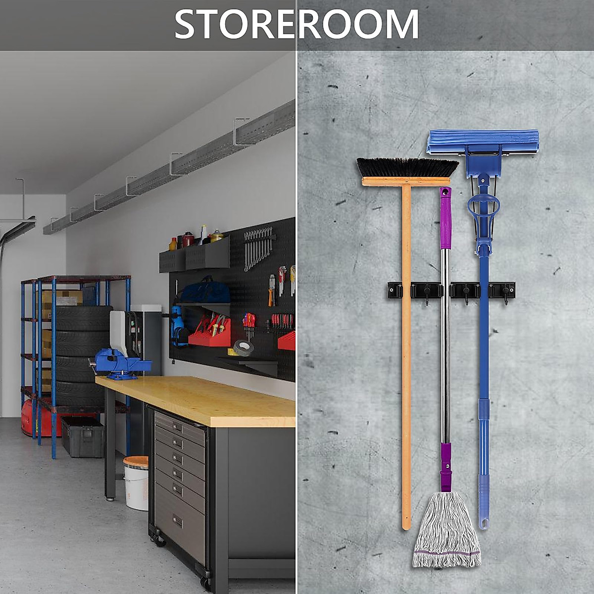 YA MI Mop holder, broom holder, stainless steel wall hanging tool storage device with 3 hooks in 3 positions, suitable for home bathrooms, kitchens, and gardens