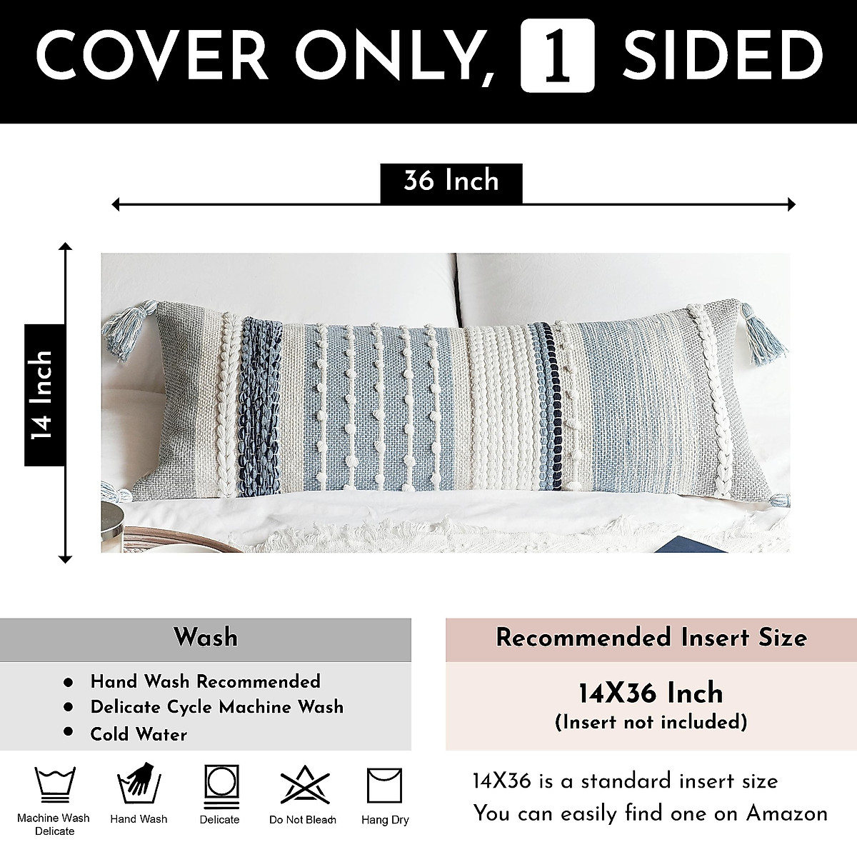 BlissBlush Coastal Blue Decorative Lumbar Pillow Cover 14x36 Boho Long Body Pillow for Bed Farmhouse Lumbar Throw Pillow for Couch Modern Accent Textured Throw PillowCase
