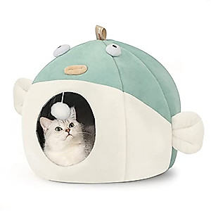 Vanansa Cat Bed for Indoor Cats, Large Covered Cat Bed with Anti-Scratch Lining, Ultra Soft Cat Hideaway, Cute Cat House with Hanging Toy, Pet Bed for Large Cats, Puppy Dog 9-13LB (Green L, 18" x 15")