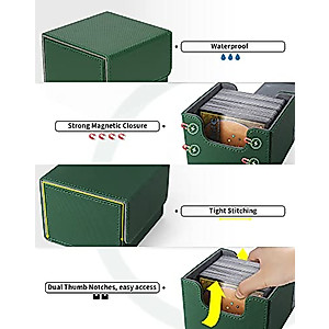 ZLCA Card Deck Box with 2 Dividers for MTG Cards, Large Horizontal Card Storage Box Fits 150+ Single Sleeved Cards, PU Leather Commander Deck box for TCG CCG (Green)