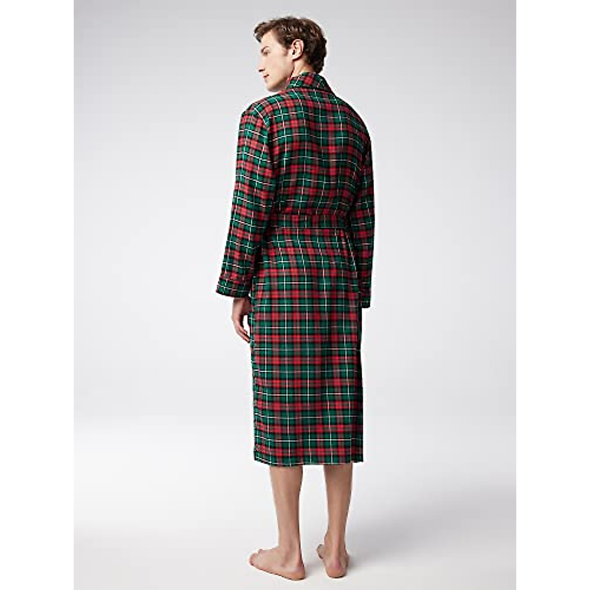 SIORO Mens Robes Flannel 100% Cotton Plaid Bath Robe Soft Flannel Bathrobe Sleepwear for Bath Shower Lounging, Christmas Red and Green Plaid, Large