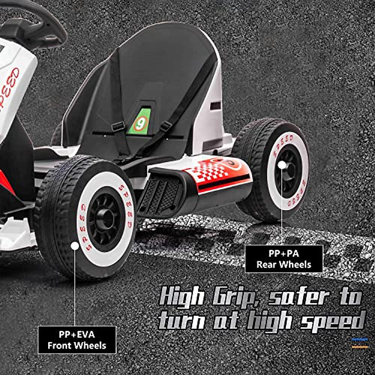 PRIME CLUB 12V Ride on Car Electric Go Kart Adjustable Length Racer Drift Car with Remote Control,Music,Brake and Horn,Electric Car for 37-95 Months Toddler (White)