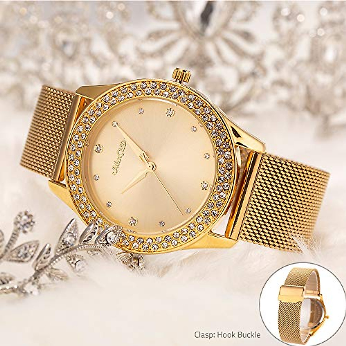 ManChDa Womens Wrist Watch Crystal Case Mesh Stainless Steel Band Bling Ladies Watches Analog Quartz Diamond Classic Fashion Romantic+ Jewelry Cuff Bracelet Set Slim Thin Casual Glitter Dress Watches