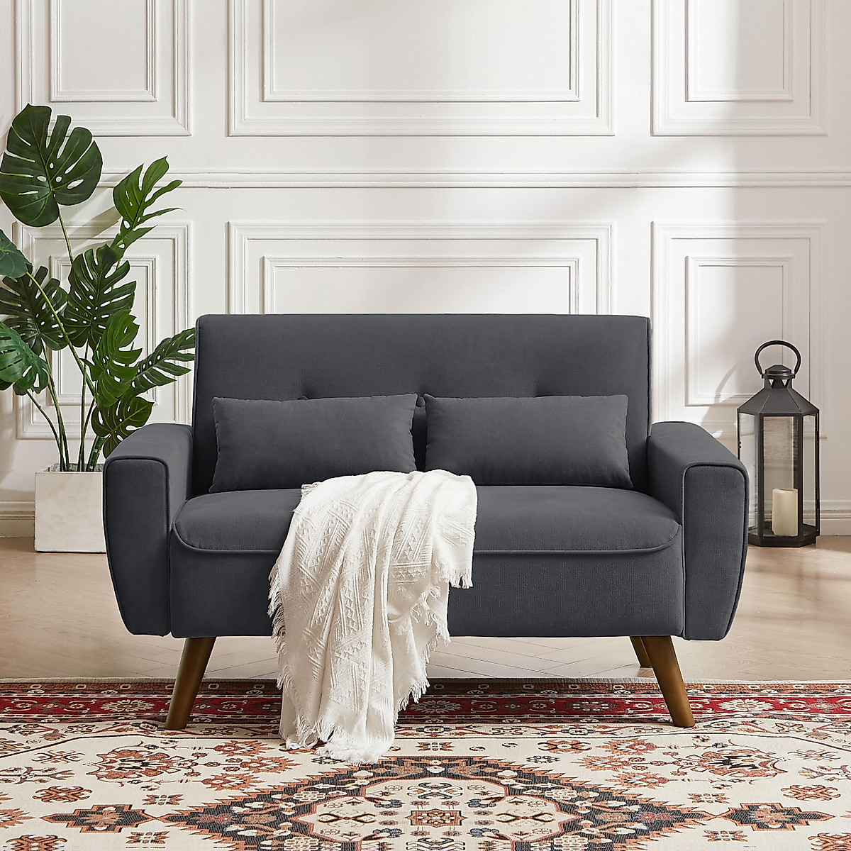 Tornama 48" Small Loveseat Sofa, Mid Century Modern Love Seat Couch, 2 Seat Tufted Couches with Throw Pillows for Living Room, Apartment, Bedroom and Small Spaces, Dark Grey