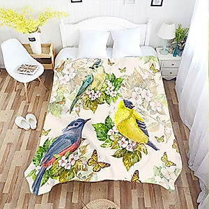 EKOBLA Bird Throw Blanket Cute Birds On Spring Blossom Butterfly Nature Flowers Leaf Ecology Plush Soft Throw Blanket for Chair Sofa Couch Bed Camping Travel Flannel Fleece 50x60 Inch