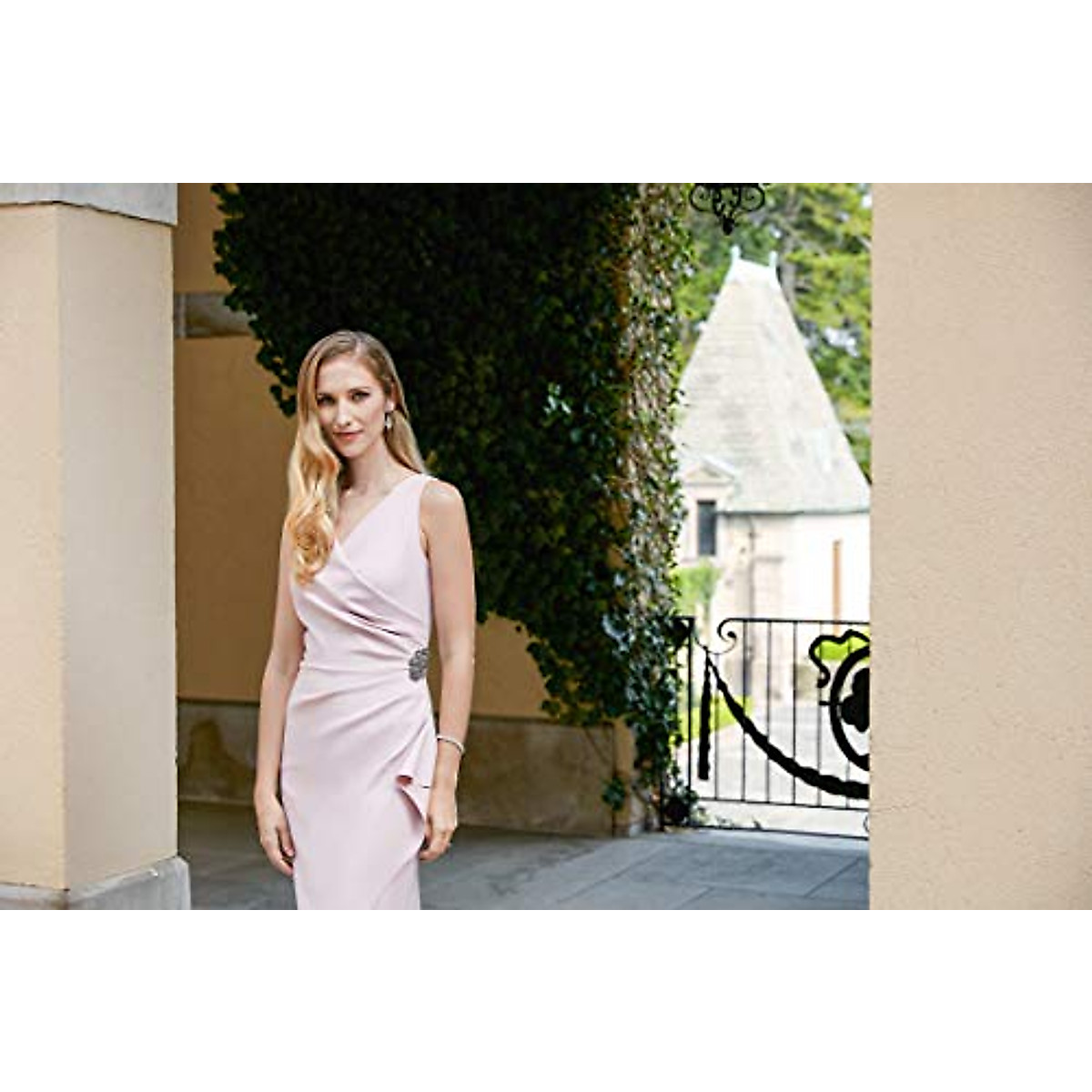 Alex Evenings Women's Slimming Long Side Ruched Dress with Cascade Ruffle Skirt, Blush, 12