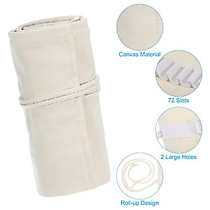 PATIKIL Handmade 72 Slots Roll Up Pencil Case, Canvas Pencil Wrap Pouch Pen Holder Organizer for Artist Drawing Coloring Sketching, White