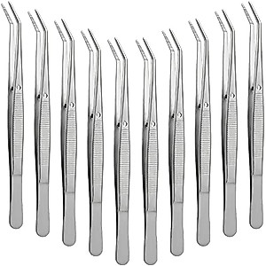 Stainless Steel Tweezers with Curved Serrated Tip Multipurpose Tweezers Sewing Machine Tweezers Forceps Tweezers for Craft (Silver, 10 Pieces)
