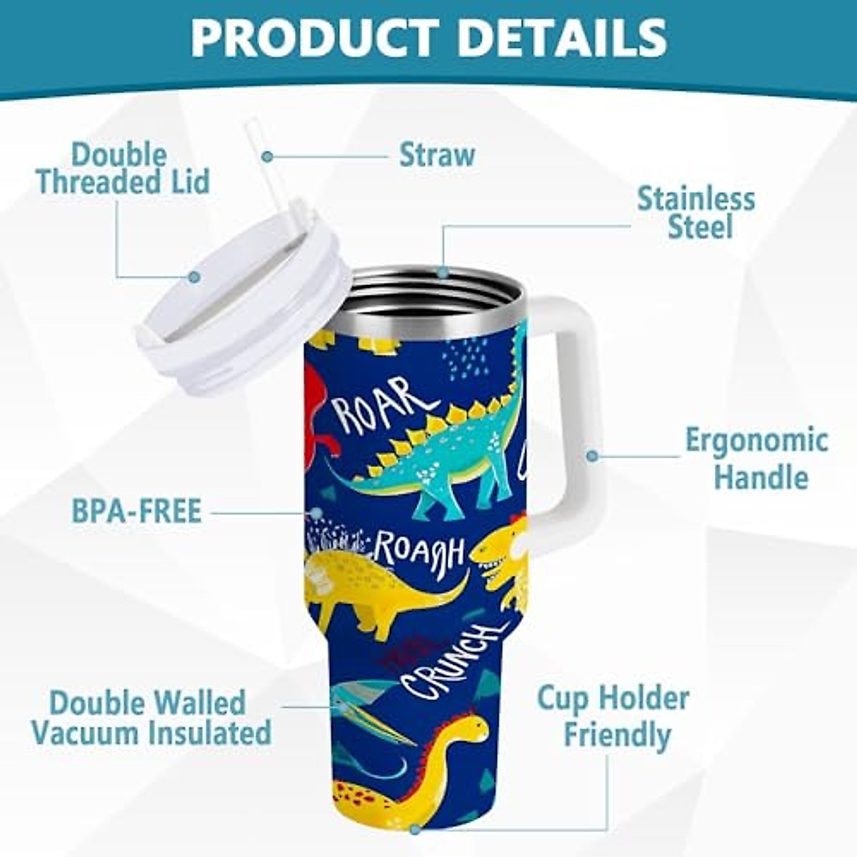 RPLIFE Colorful Dinosaurs Blue 40oz Tumbler with Handle, Stainless Steel Coffee Mug, Insulated Water Bottle with Straw