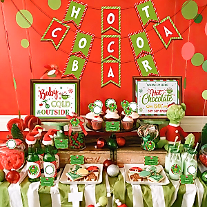 Winter Hot Chocolate Bar Kit Hot Cocoa Bar Banner Christmas Red Green Hot Chocolate Bar Signs Baby It's Cold Outside Toppings Labels Cup Tags Stickers for Wintertime Holiday Baby Shower Birthday