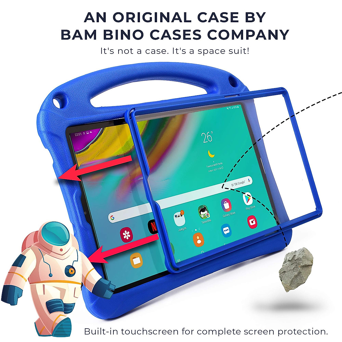 Bam Bino Space Suit Rugged Kids Case for Samsung Galaxy Tab S5e 10.5, Designed in Australia for Children, Built-in Screen Protector, Handle, Stand, Pencil Holder, Shoulder Strap (Galactic Blue)