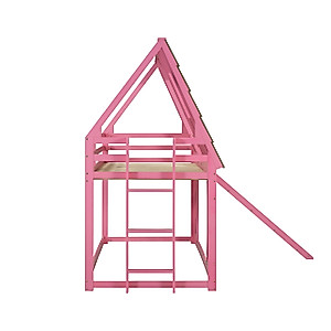 SOFTSEA Pink House Bunk Bed with Roof Low Bunk Bed with Slide for Girls, Twin Over Twin