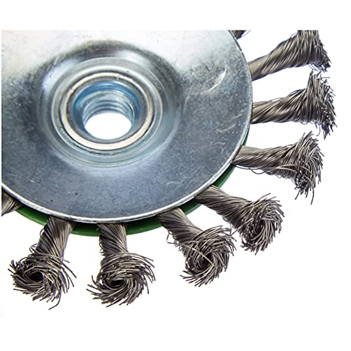 Bosch 2608622109 Conical Brush Knotted Wire 0.35mm, 115mm x M14, Inox, Silver/Green