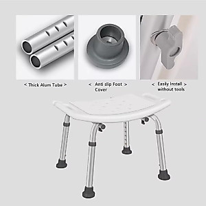 Bath Shower Safety Chair Seat with Bath Brush, Adjustable and Anti-Slip Bench Bathtub Stool for Elderly or Seniors (WhiteShowerChair-BathBrush)