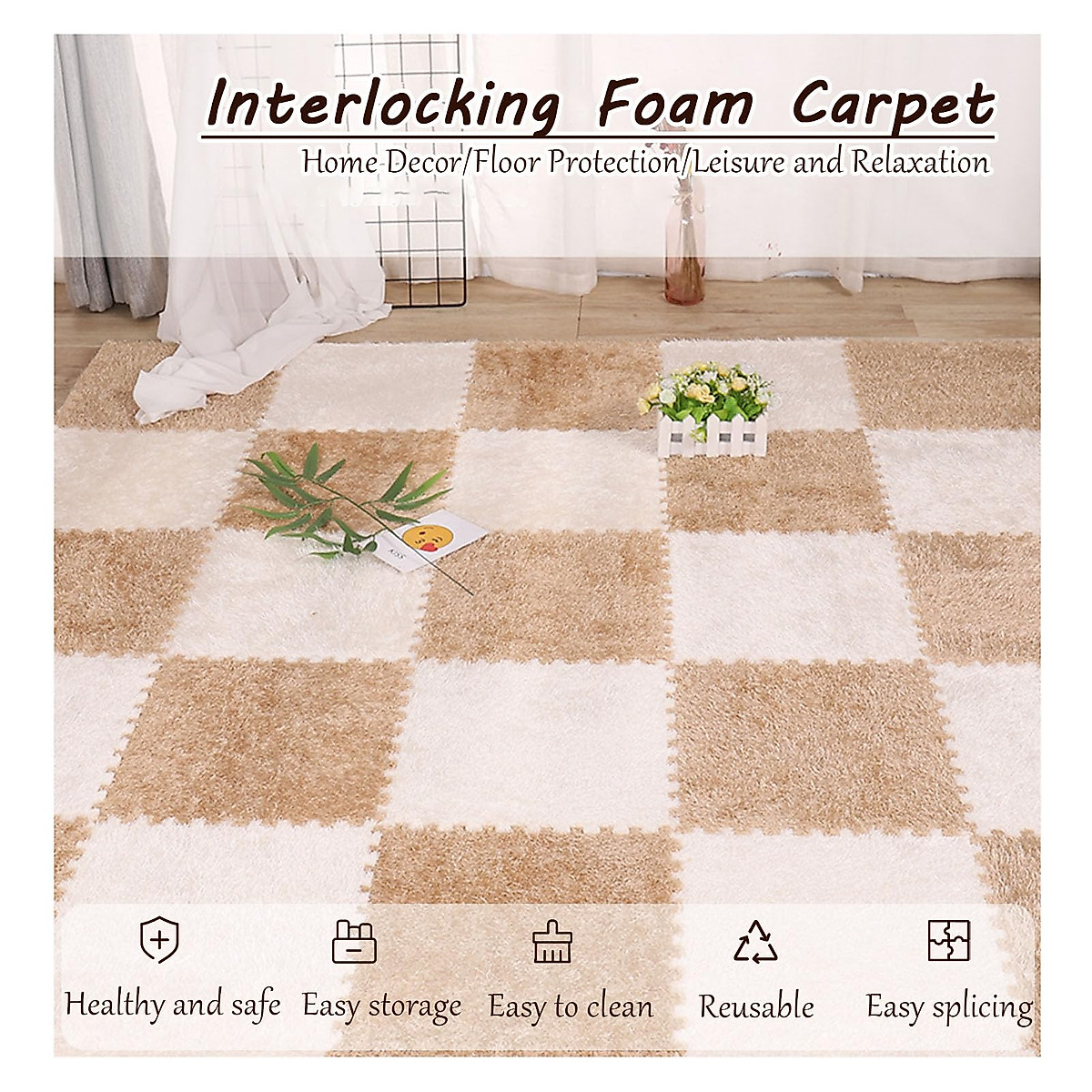 EVA Foam Interlocking Carpet Tiles - 0.47 Inch Thick Puzzle Floor Play Mat for Protective -12X12 Inch Area Rug-12 Pcs(Color:White+Dark Coffee)