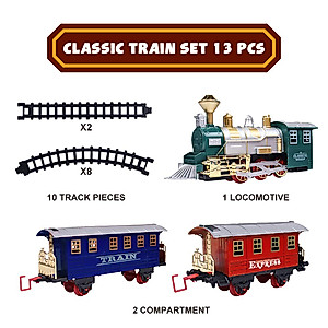 WESPREX Electric Train Set for Kids w/Headlight, Realistic Sound, Battery-Operated Toy Train, 1 Locomotive, 2 Compartments, 10 Railway Tracks, Gift for Boys Girls Age 4 5 6 7 - Classic w/Smoke