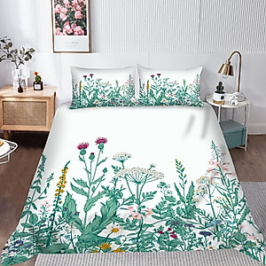 ANHOPE Flower Duvet Cover Set 3pcs Bedding Set with Green Leaf Floral Rustic Wildflower Botanical Print Pattern Soft Comforter Cover with 2 Pillow Shams All Season Quilt Cover with Zipper Queen Size