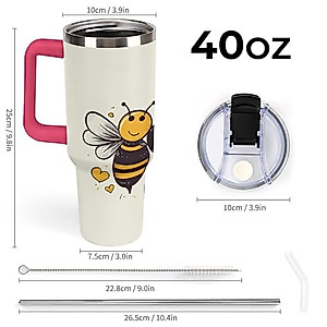 FHENMSA 40 Oz Insulated Coffee Mug Tumbler with Handle,Bee Love Honey Print Insulated Tumbler,Stainless Steel Travel Mug with Lid And Straw