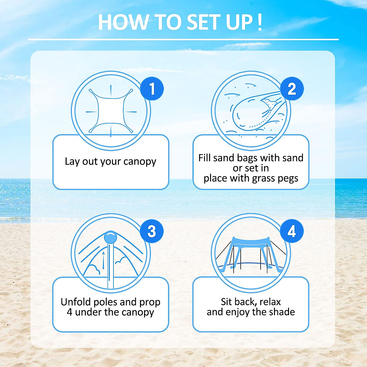 Beach Tent Sun Shelter with UPF 50+ UV Protection, Beach Canopy Sun Shade 11x11 FT with Sandbags, Poles and Ground Pegs and Anti-Wind Ropes, Pop Up Tent for Camping, Backyard and Picnics