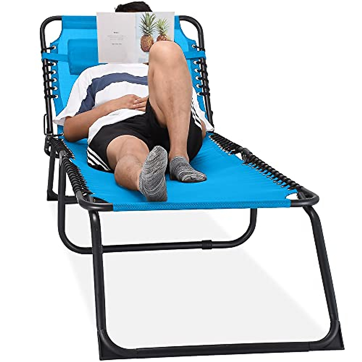 Oversize Folding Outdoor Chaise Lounge, 16 inch Extra High Patio Camping Sunbathing Recliner, 4 Level Adjustable Lay Flat Pool Beach Lawn Chair with Storage Bag (Beige)