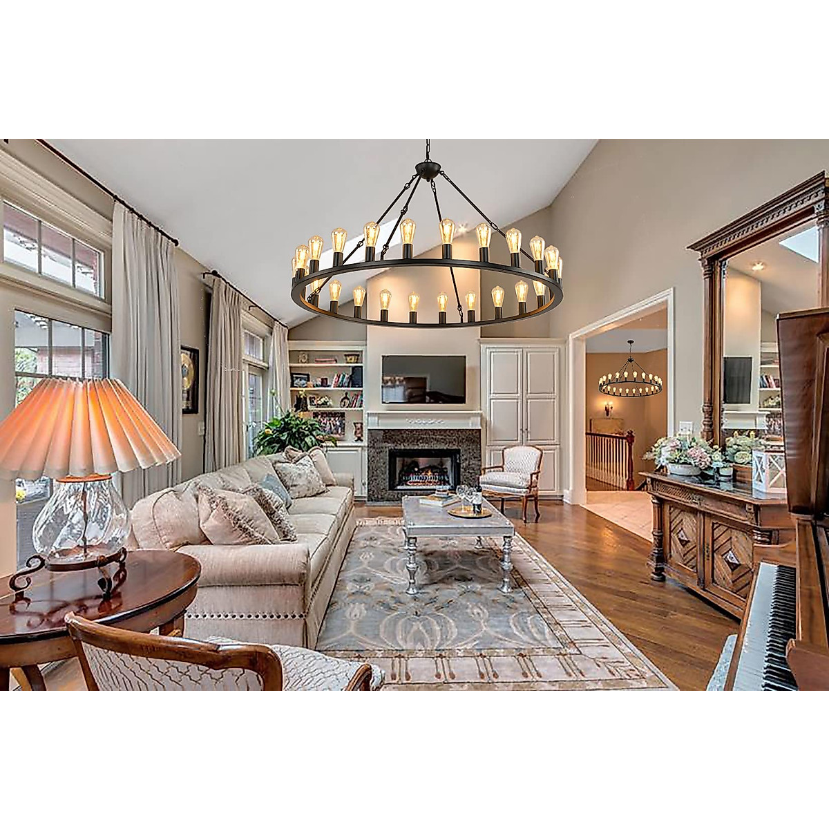 celimi Wagon Wheel Chandelier Large Black Round Modern Farmhouse Light Fixtures for High Ceilings, Dining Room,Living Room (24-lights)