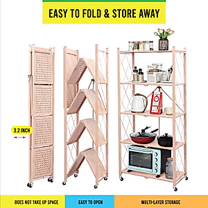 Letusto Foldable Collapsible Shelf with Wheels & Breaks - Folding Shelf Heavy Duty Metal Frame Pantry Shelving Unit - Origami Bookcase - No Assembly Bookshelf (Pink, 5 Tier)