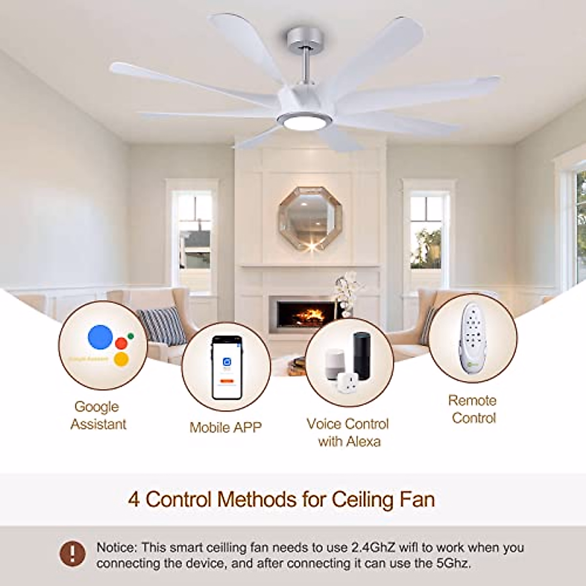 OFANTOP 60 Inch Smart Ceiling Fan with Light Remote Control, 6 Speed Quiet DC Motor Large Modern Silver White Ceiling Fan for Living Room