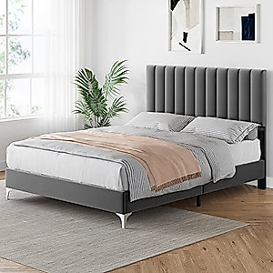 IDEALHOUSE Queen Bed Frame Modern Velvet Upholstered 11 Inch Bed Frame with Headboard No Box Spring Needed (Queen (U.S. Standard))