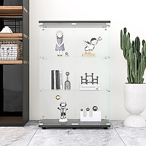 Shengrunner Frameless Glass Display Cabinet, Curio Cabinet Display Case with Lock and 2 Doors, Quick-Install Floor Standing Showcase Display Shelf for Collectibles, Legos, Figures, Plants