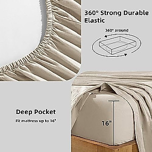 SONORO KATE 100% French Pure Linen Sheets, Breathable and Durable Line King Size Sheets, Anti-Tear Line Bed Sheets, Machine Washable, 16 Inch Deep Pocket - 4 Piece (Natural Linen, King)