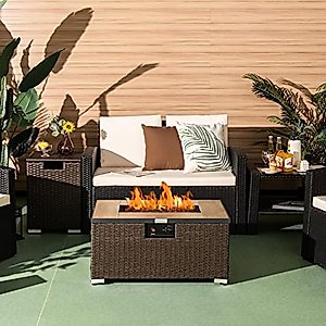 Propane Fire Pit Table-32 Inch x 20 Inch Propane Rattan Fire Pit Table Set with Side Table Tank and Cover