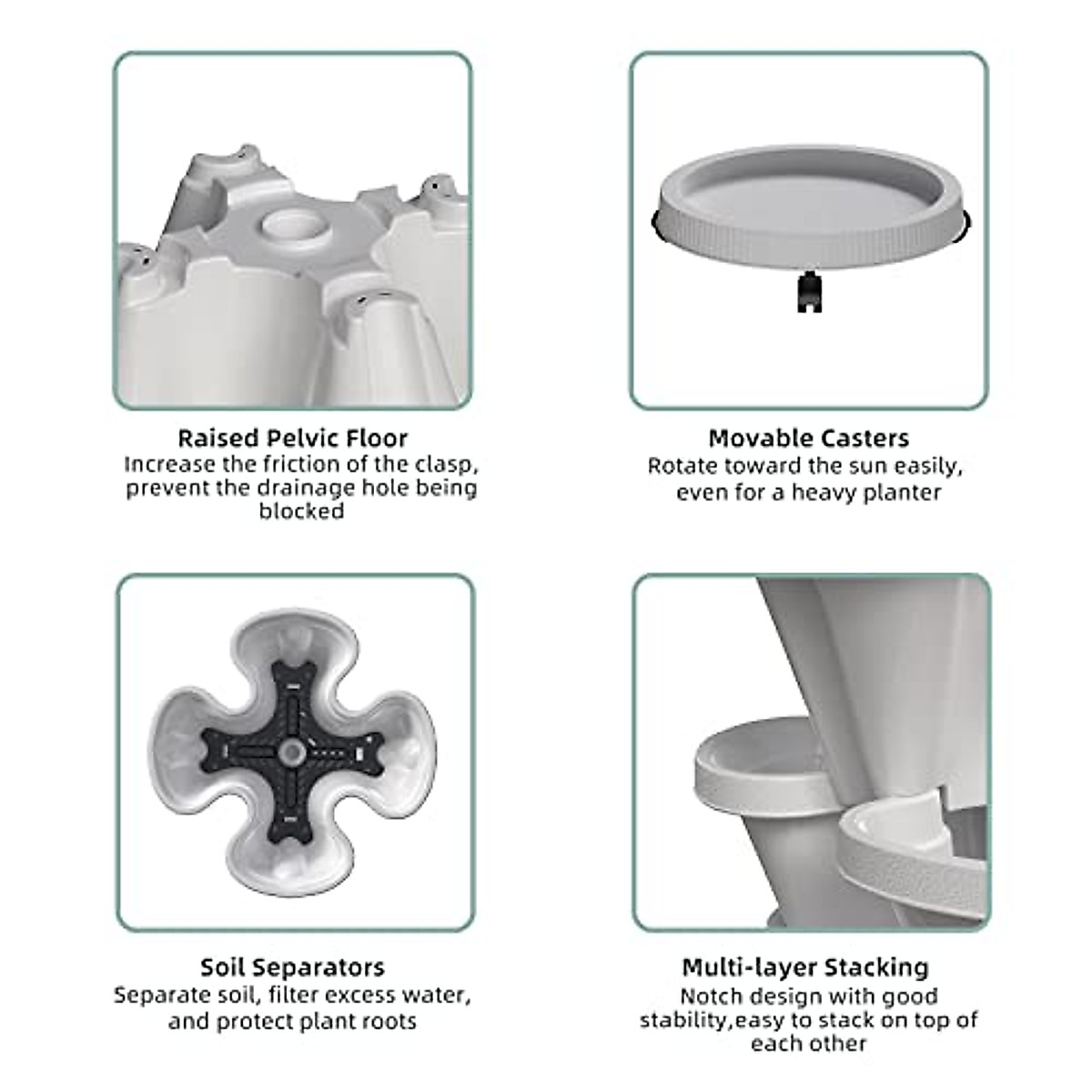 Tectsia Strawberry Vertical Planter Tower Garden, 3 Tiered Planter Stackable Herb Garden Planter with Movable Casters and Bottom Saucer Indoor and Outdoor - White