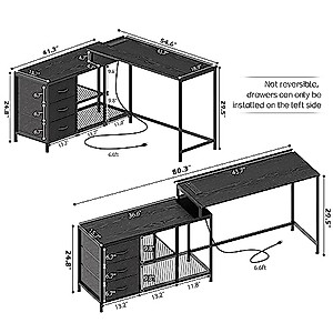 SUPERJARE L Shaped Desk with Drawers & Shelves and Nightstands Set of 2 with Charging Station & LED Light Strips, Black