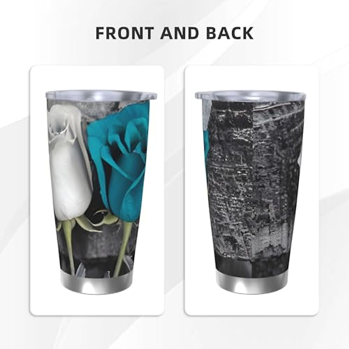 Teal Gray Rose Tumbler with Lid and Straw 20oz Stainless Steel Car Cup for Hot and Cold Drinks, Double Wall Insulated Travel Coffee Mug Reusable Drink Thermos Cup Birthday Gifts