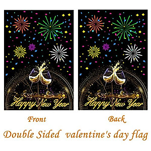 New Years Flag,Happy New Year Garden Flag 28 x 40 Inch Double Sided Fireworks Wine Glass Clock Happy New Year House Flag for New Year Greettings or Decoration with 2 Grommets