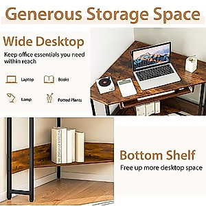 Tangkula Corner Desk with Keyboard Tray, 90-Degree Triangle Corner Computer Desk for Small Space, Industrial Writing Desk with Storage Shelf, Space-Saving Laptop PC Desk (Rustic Brown)