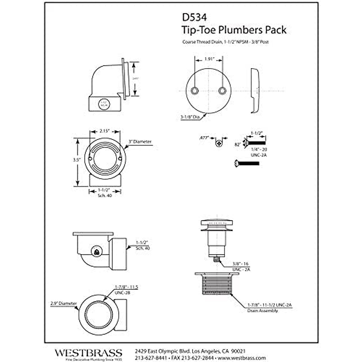 Westbrass D534-5-07 SCH. 40 ABS 1-1/2" Course Thread Plumber's Pack Tip-Toe Bathtub Drain Plug with Two-Hole Elbows, Satin Nickel (5-Pack)