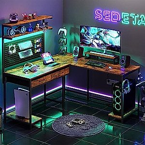 SEDETA L Shaped Gaming Desk with LED Lights and Drawers, Gaming Desk with Hutch & Pegboard, Computer Desk with Monitor Stand, Storage Shelves, Home Office Desk Corner Desk, Gaming Table, Rustic Brown