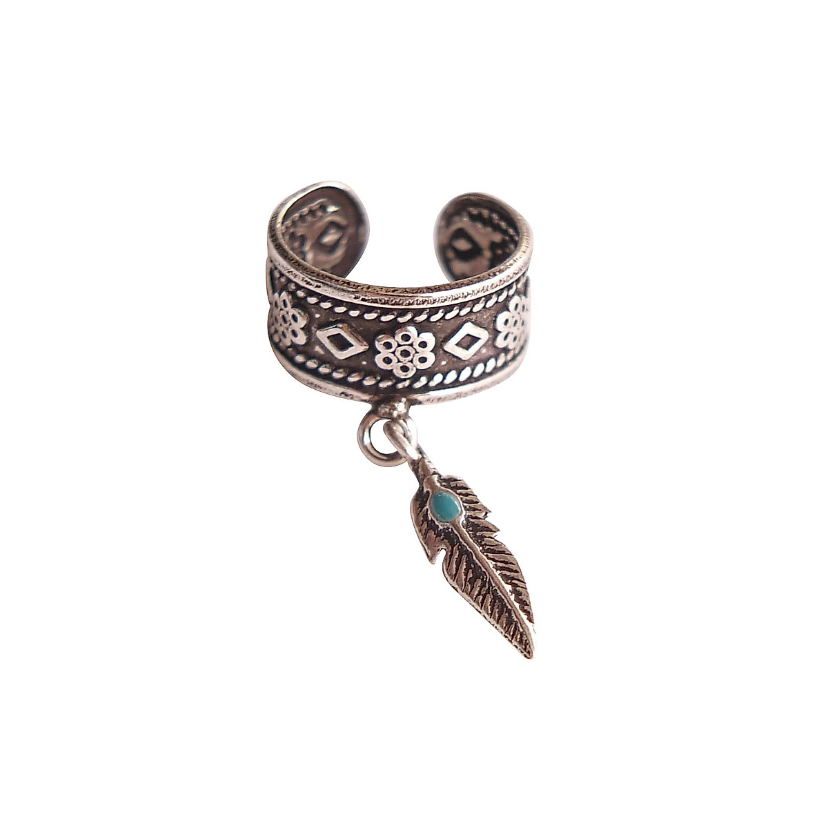 925 Sterling Silver SINGLE - For ONE Ear - Triple/Wide Band Feather Stone Ear Cuff for Non-Pierced Ear for Women | Handmade by MiYa Jewelry Creations (Wide Band and Feather)