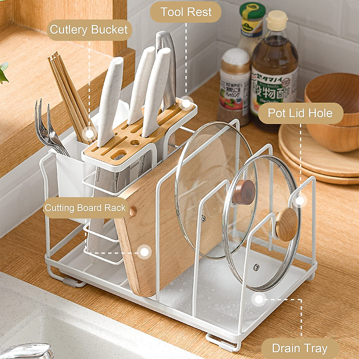 MoonlyTree Kitchen Counter Organizer Knife Block, Anti-Slip Silverware and Utensils Storage with Vertical Knife Holders, Kitchen Rack Cabinet Organizer for Pans Sheets, Cutting Boards and Pot Lids