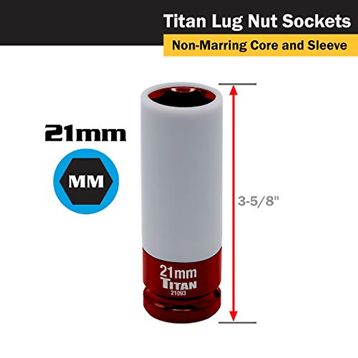 TITAN 21093 1/2-Inch Drive x 21mm Non-marring Impact Deep Lug Nut Socket