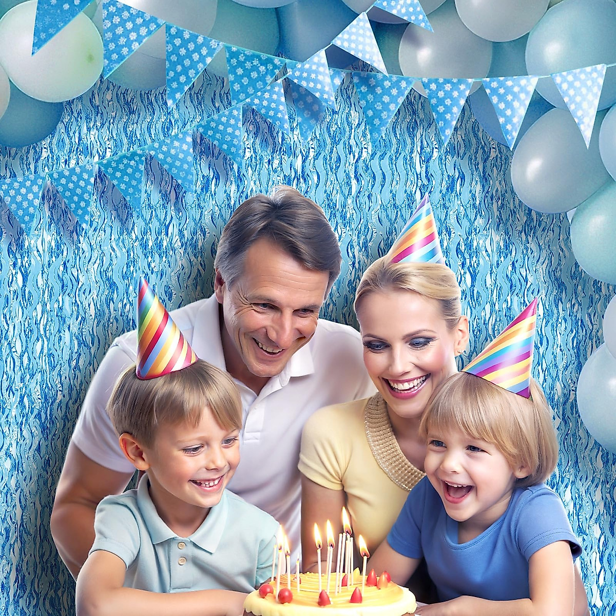 PIGETALE 2 Pack 3.2x6.5 Feet Wavy Blue Backdrop Curtain Tinsel Streamers Foil Fringe Backdrop Ocean Themed Decor Baby Shower Bachelorette Disco Winter Under The Sea Summer Pool Beach Party Decorations