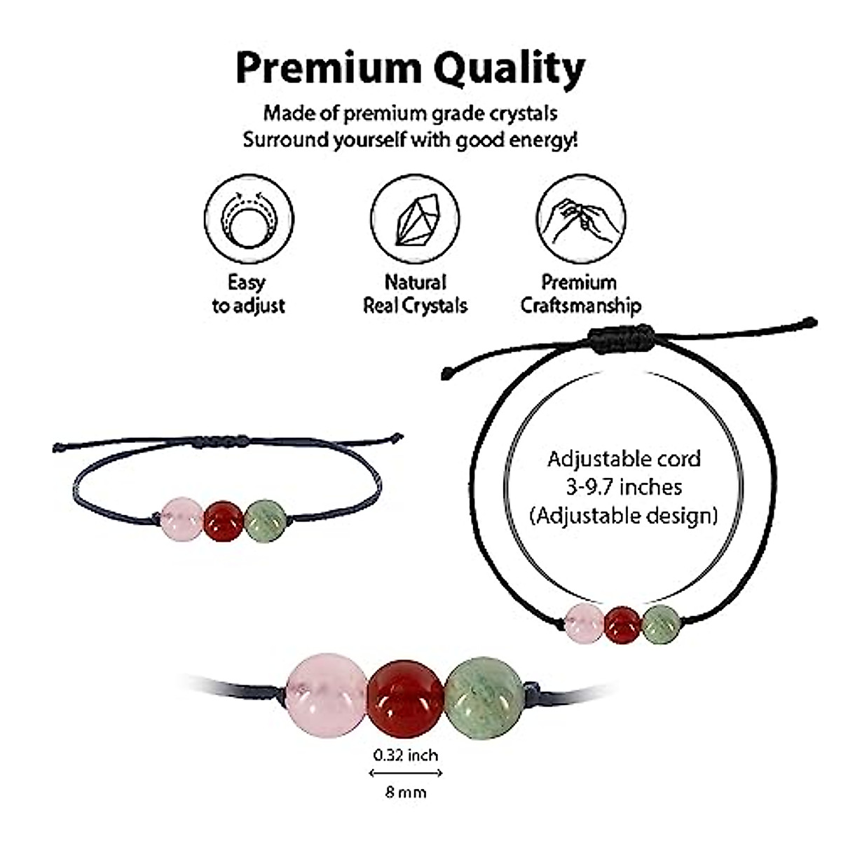 BOHO GARDEN Zodiac Bead Bracelets(Taurus) - 3 Polished Birthstone Crystal Beaded Bracelets - Made of Real & Natural Gemstones, Adjustable 3-9.7” Black Rope - Jewelry for Men, Women, Teens (13+) - 8mm Beads