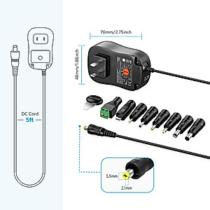 Belker 45W 5V 6V 7.5V 9V 12V 13.5V 15V Universal AC DC Power Supply Adapter for Household Electronics LED Light Strip - 1A 2A 3A 3000mA Amp - Fast USB Charging Port 5V 2A