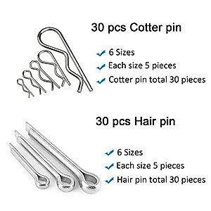 60 Pcs Cotter Pin Hair Pin Assortment Kit, Zinc Plated R Clip Key Fastener Fitting Set for Use on Hitch Pin Lock System Automotive Marine Tractors Mower Carts Truck Engine Repair, 2 Styles 12 Sizes