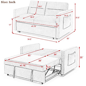 Antetek 3 in 1 Convertible Sleeper Sofa Bed, 54.5-inch Modern Loveseat Couch with Pull-Out Bed, Small Love seat Sofa Bed with Reclining Backrest & Side Pocket for Living Room, Beige