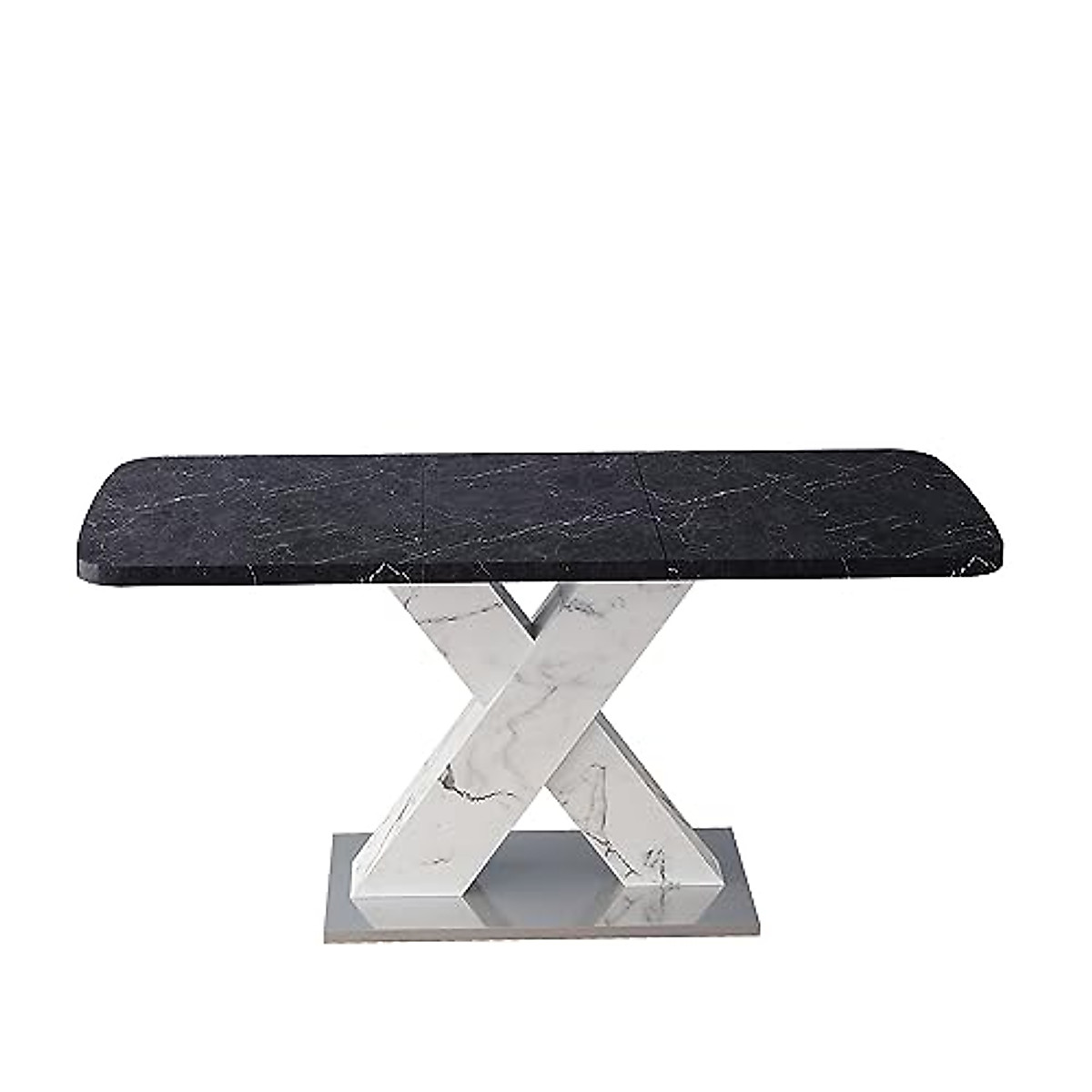 63'' Modern Stretchable Kitchen Table for 4-6 Seats, Space-Saving Expandable Dining Table with Black Marble Veneer Table Top+MDF White X-Shape Table Leg with Metal Base for Dining Room Living Room
