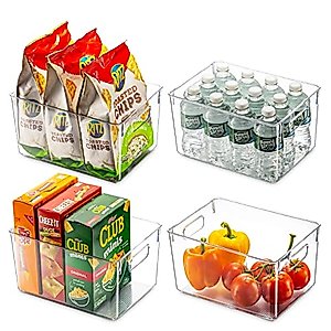Set Of 4 Clear Pantry Organizer Bins Household Plastic Food Storage Basket with Cutout Handles for Kitchen, Countertops, Cabinets, Refrigerator, Freezer, Bedrooms, Bathrooms - 11" Wide
